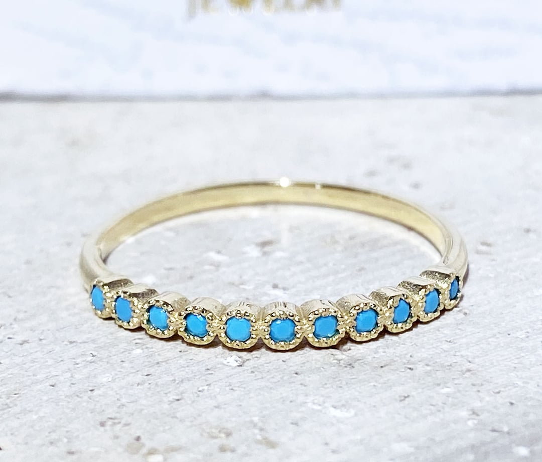 Blue Turquoise Ring – December Birthstone - Round Gemstone Bezel Set ...