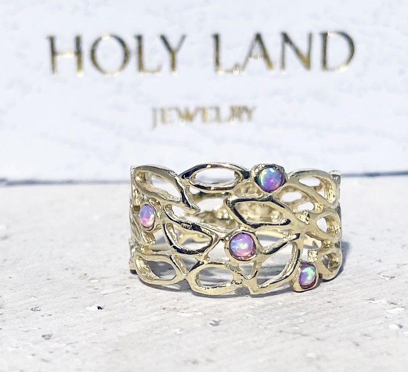 Rose Opal Ring – Round Pink Gemstone Bezel Set Lace Filigree Wide Gold ...