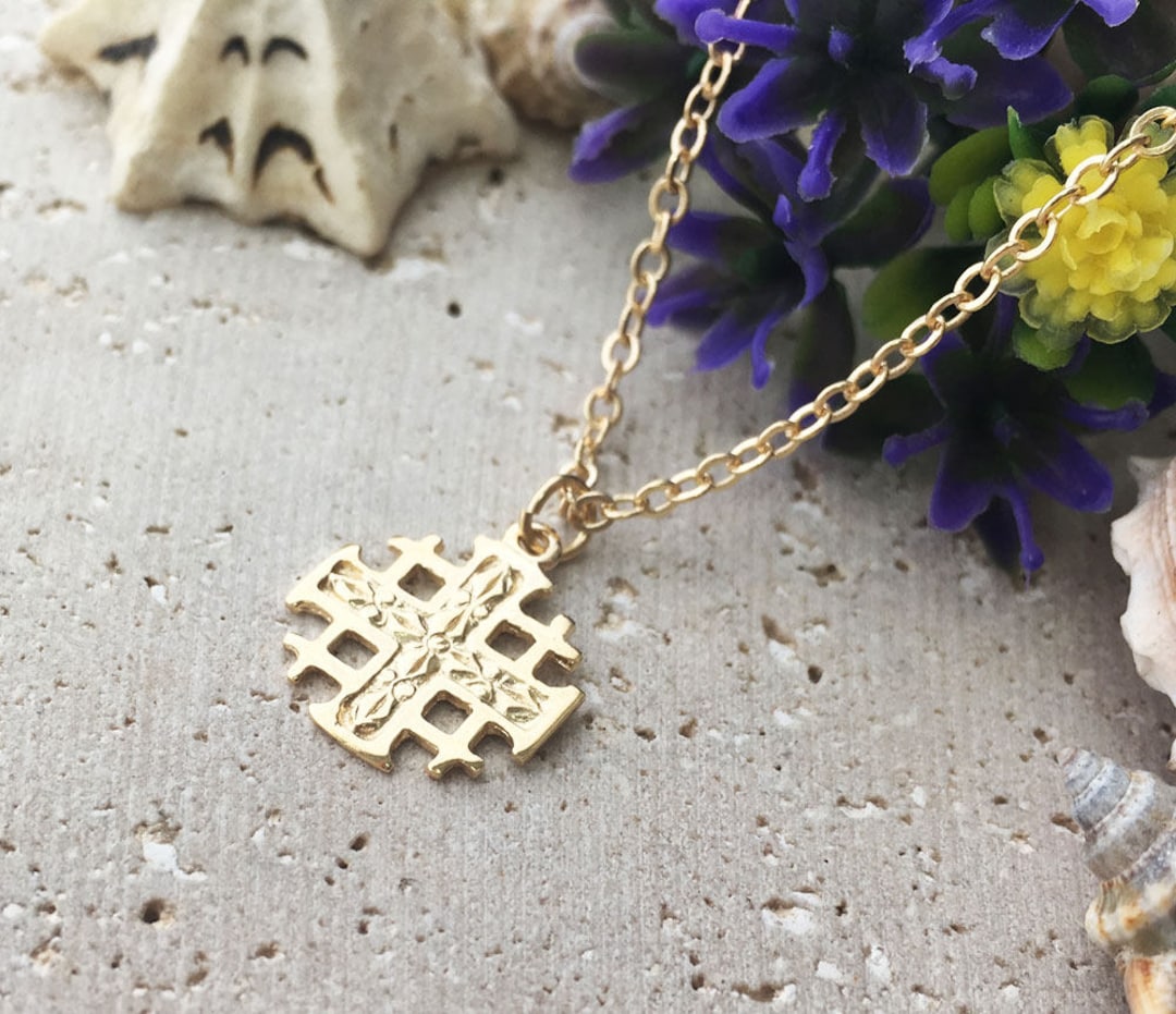 Jerusalem Cross Necklace - Gold Cross Pendant - Tiny Charm Necklace ...