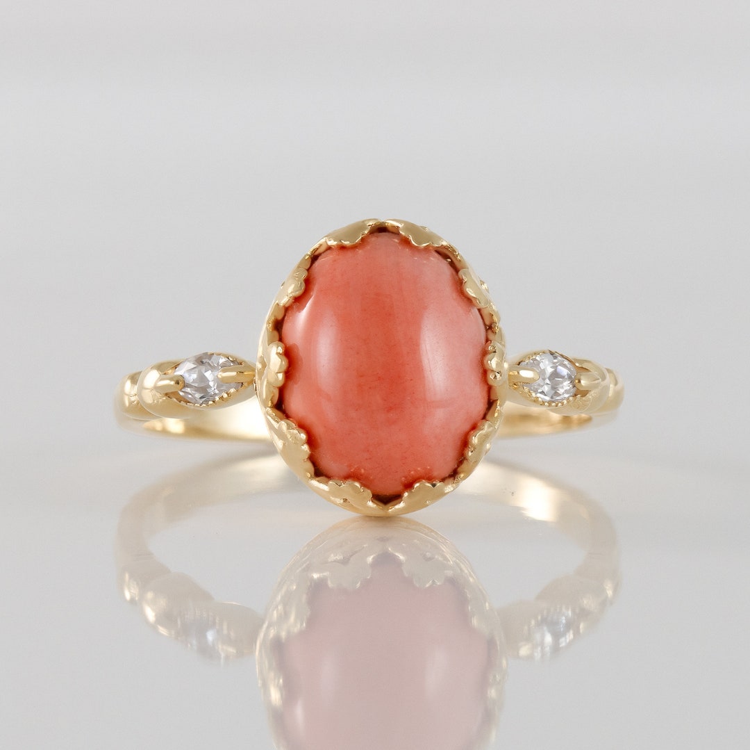 Coral Ring - Genuine Gemstone - Statement Ring - Peach Coral Ring ...