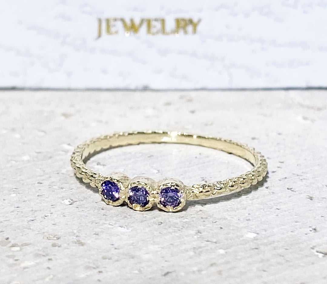 Purple Amethyst Ring - February Birthstone - Round Triple Gemstone ...
