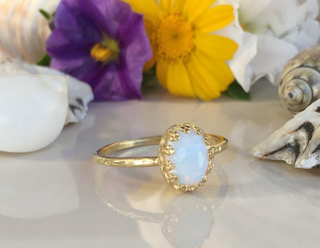 Opalite Ring - Oval Rainbow Gemstone Vintage Crown Delicate Simple ...