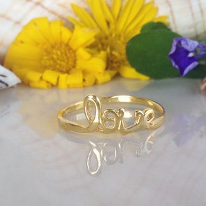 Love Ring - Gold Ring - Cursive Love Ring - Simple Ring - Everyday Ring - Stacking Ring - Tiny ...