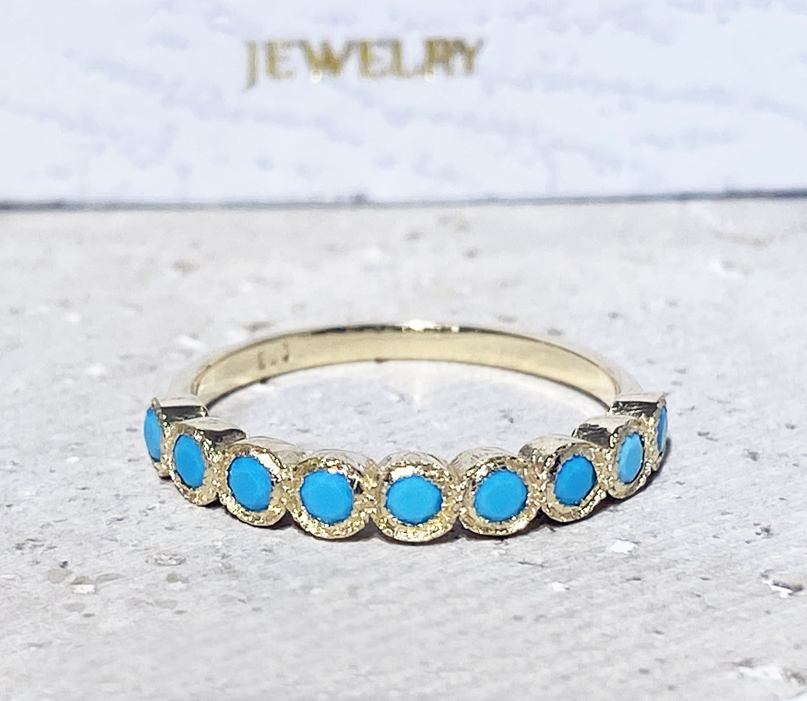 Blue Turquoise Ring – December Birthstone - Round Gemstone Bezel Set ...