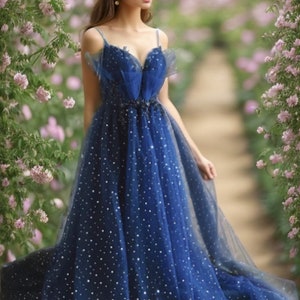 Unique Starry Sky Lace Prom Dresses A Line Princess Tulle Spaghetti ...