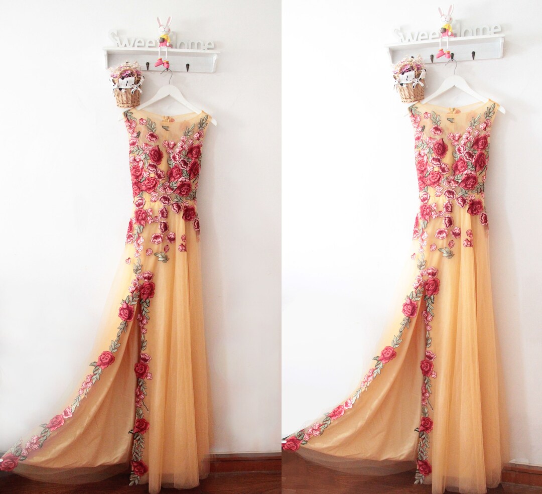 Handmade Gold Floral Prom Dresses,gold Floral Tulle Prom Dresses,custom ...