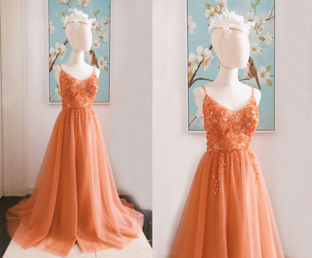 Caramel Beaded Top Tulle Prom Dress With Slitlong Tulle Low - Etsy