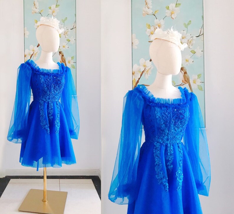 Royal Blue Square Long Puff Sleeve Short Bridesmaid | Etsy