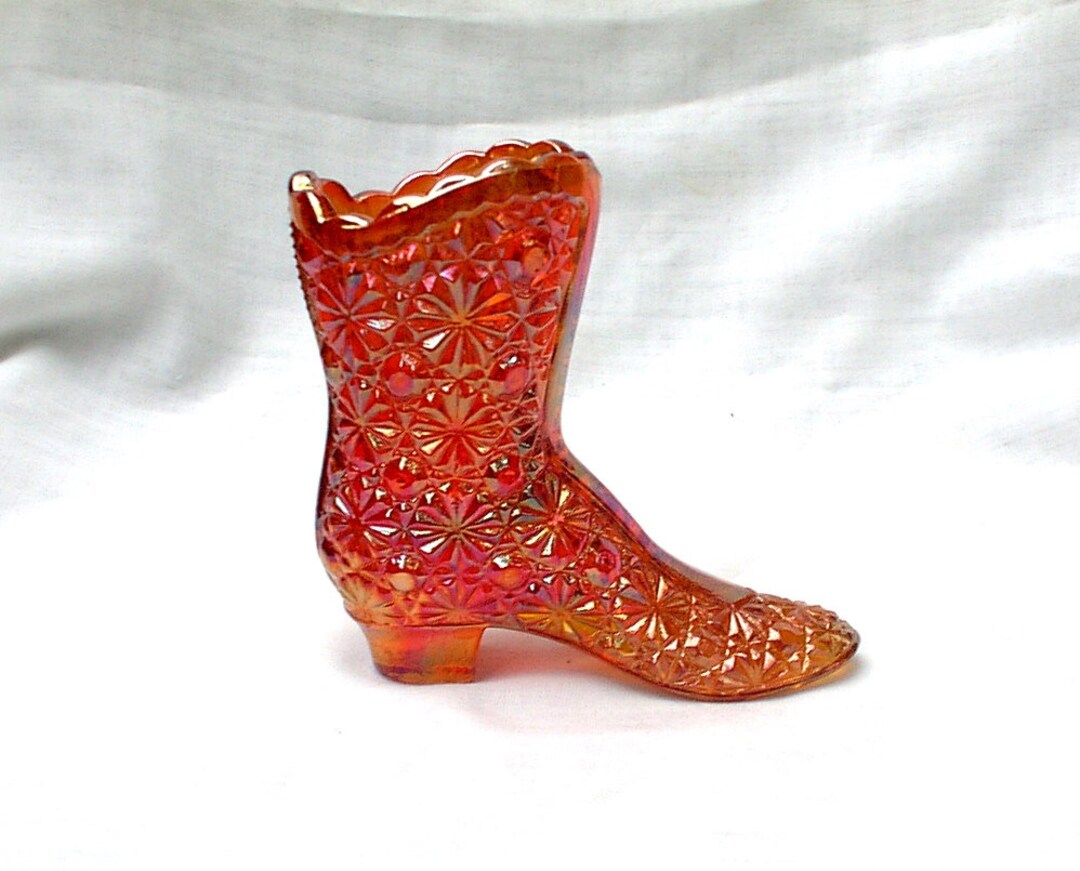 Fenton Marigold Carnival Iridescent Tall Glass Boot Shoe Daisy and ...