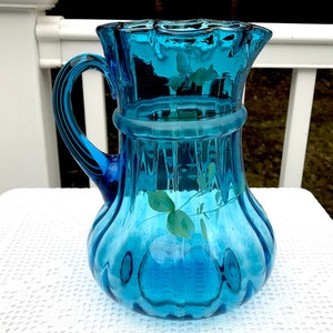 Vintage Victorian Hand Painted Blue Glass Pitcher Flowers Leaves - Etsy