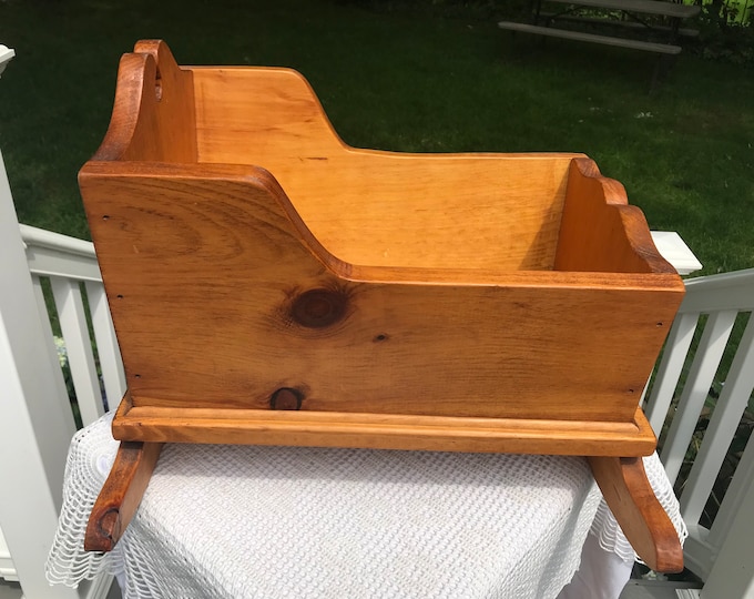 Antique Vintage Wooden Primitive 8 Inch Baby Doll Hooded Rocking Bed or ...