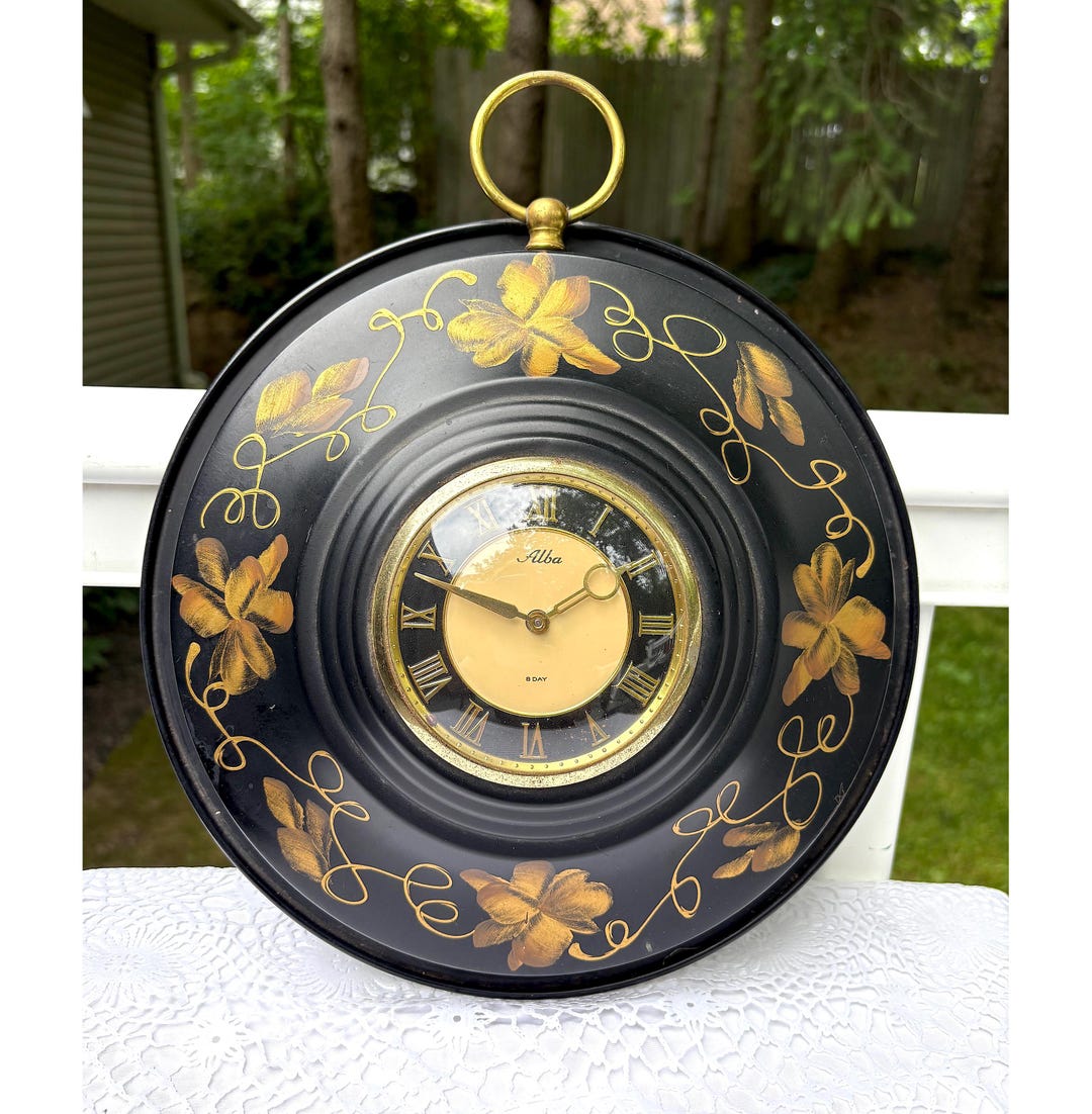 Vintage Wind up Alba Black Metal Wall Clock Gold Flowers Leaves - Etsy