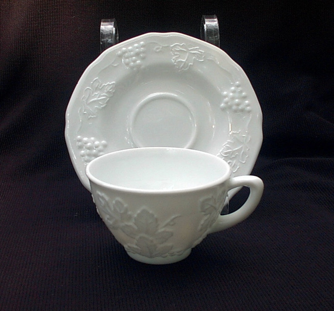Harvest Grape Cup and Saucer Sets White Milk Glass Indiana Colony TWO ...