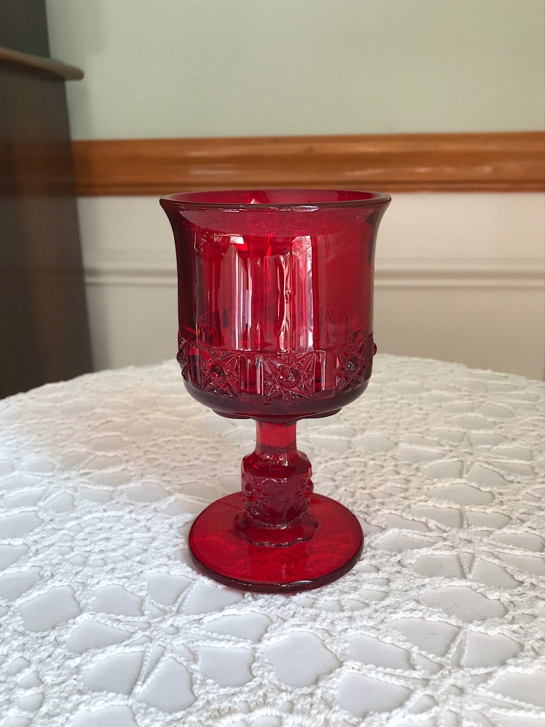 L G Wright Stars and Bars Daisy Cube Ruby Red Water Goblet 1940s 1960s ...