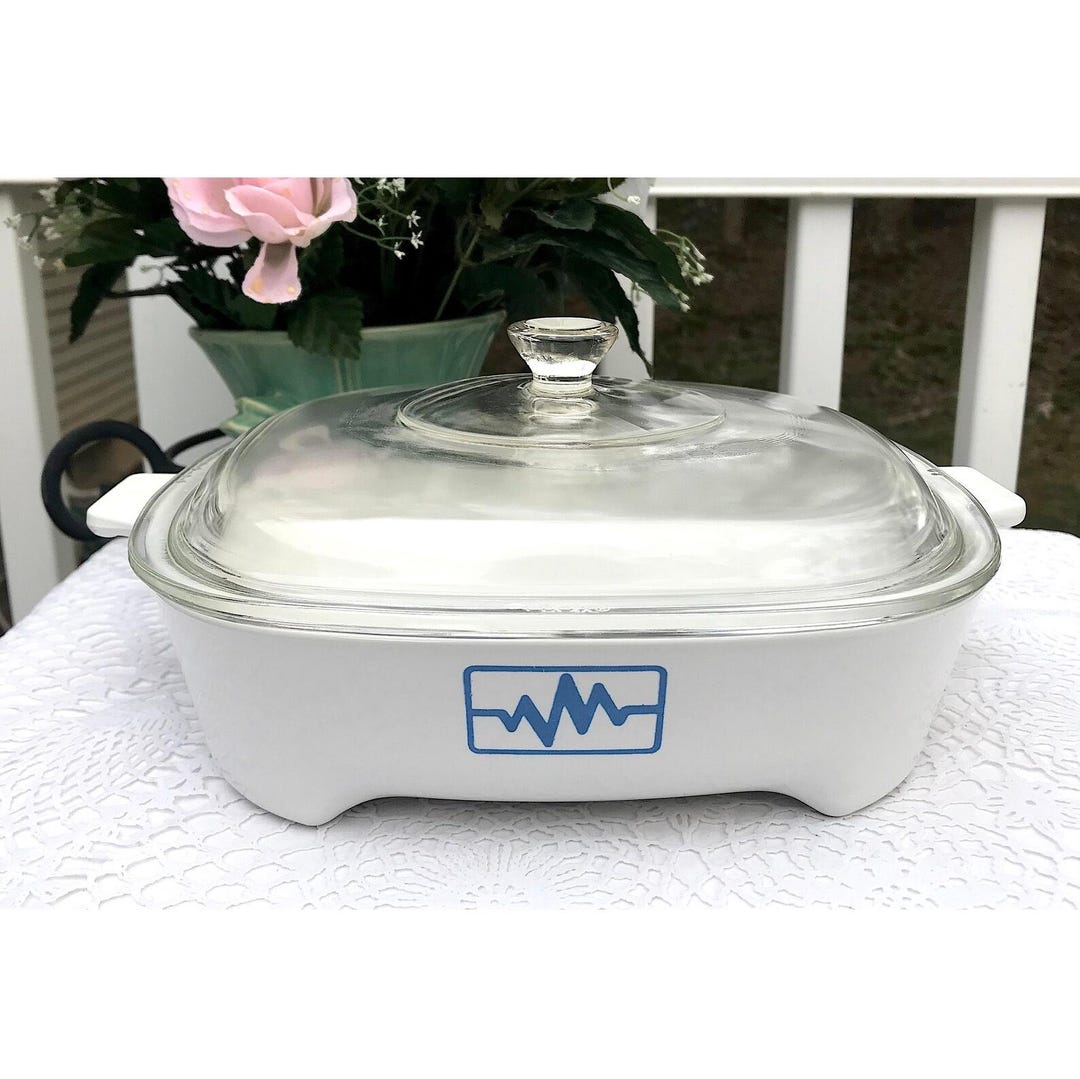 Pyrex Browning Pan Skillet Casserole Lid Blue Heart Beat Radio Wave EKG ...