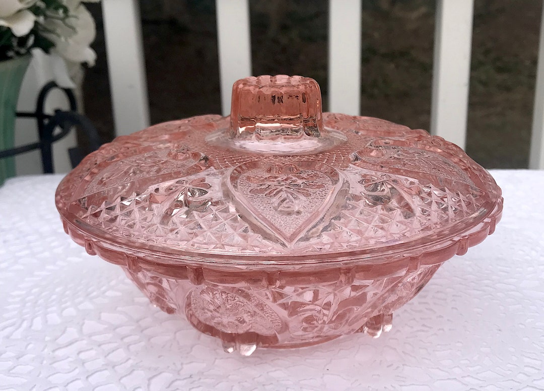Pink Glass Candy Dish Bowl With Lid Embossed Hearts Flowers - Etsy