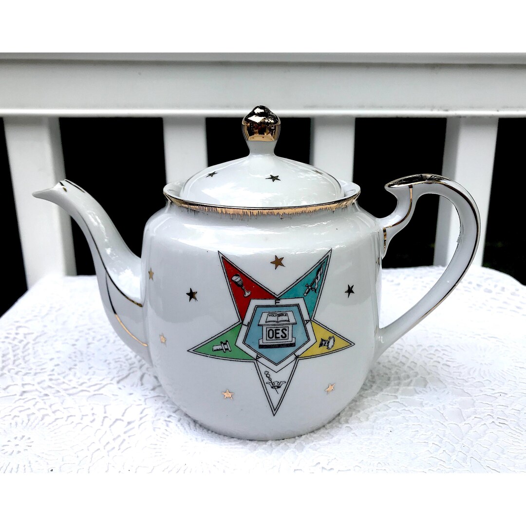 Lefton China Order of the Eastern Star Teapot Gold Trim Masons Masonic ...