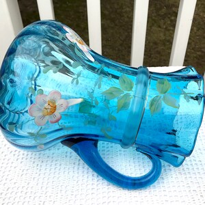 Vintage Victorian Hand Painted Blue Glass Pitcher Flowers Leaves - Etsy