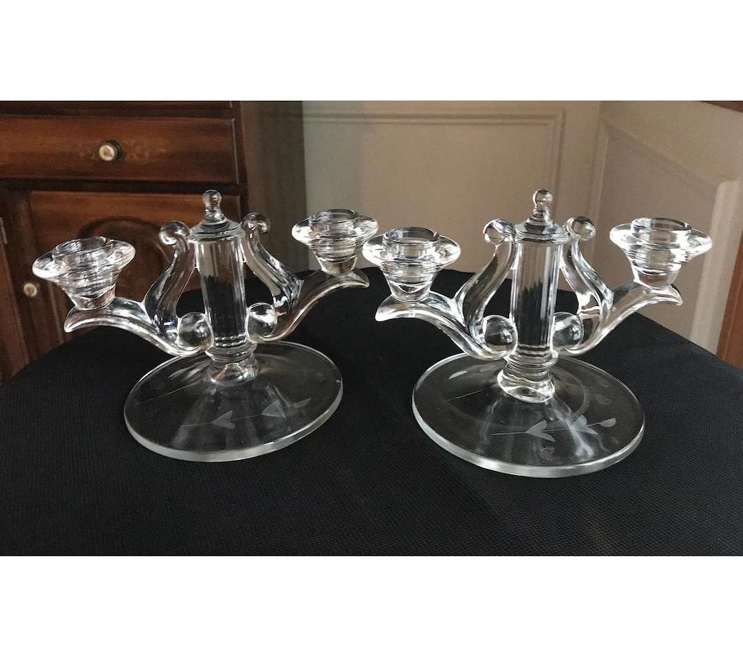 Vintage Candlesticks Rare Pair Crystal Etched Glass Harp Lyre ...