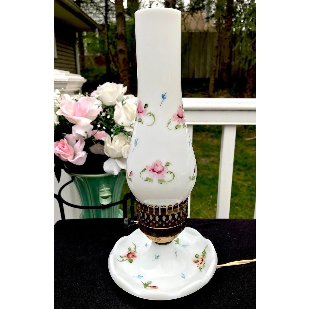 Vintage Milk Glass Night Hurricane Electric Table Lamps Pink Flowers ...
