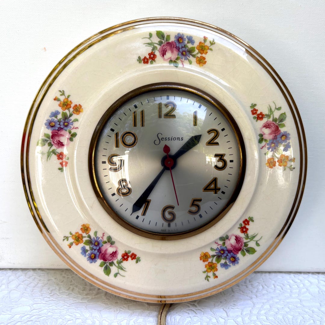 Mid Century Sessions Wall Kitchen Clock Flowers Gold Trim Working! - Etsy