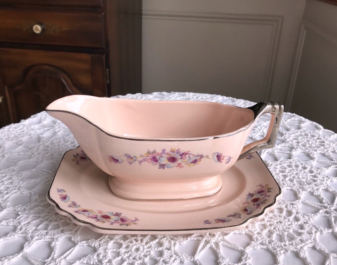 Royal China Gravy Sauce Boat Pitcher Pink Beige Platinum Trim Ware Blue ...