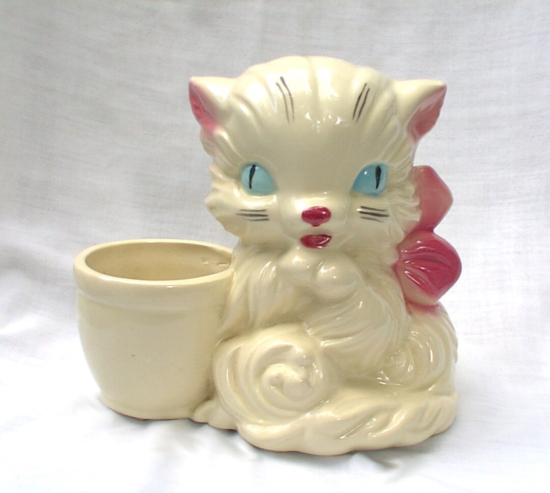 Vintage Hull Pottery Flower Pot Kitty Girl Female Cat Planter Pink Bow ...