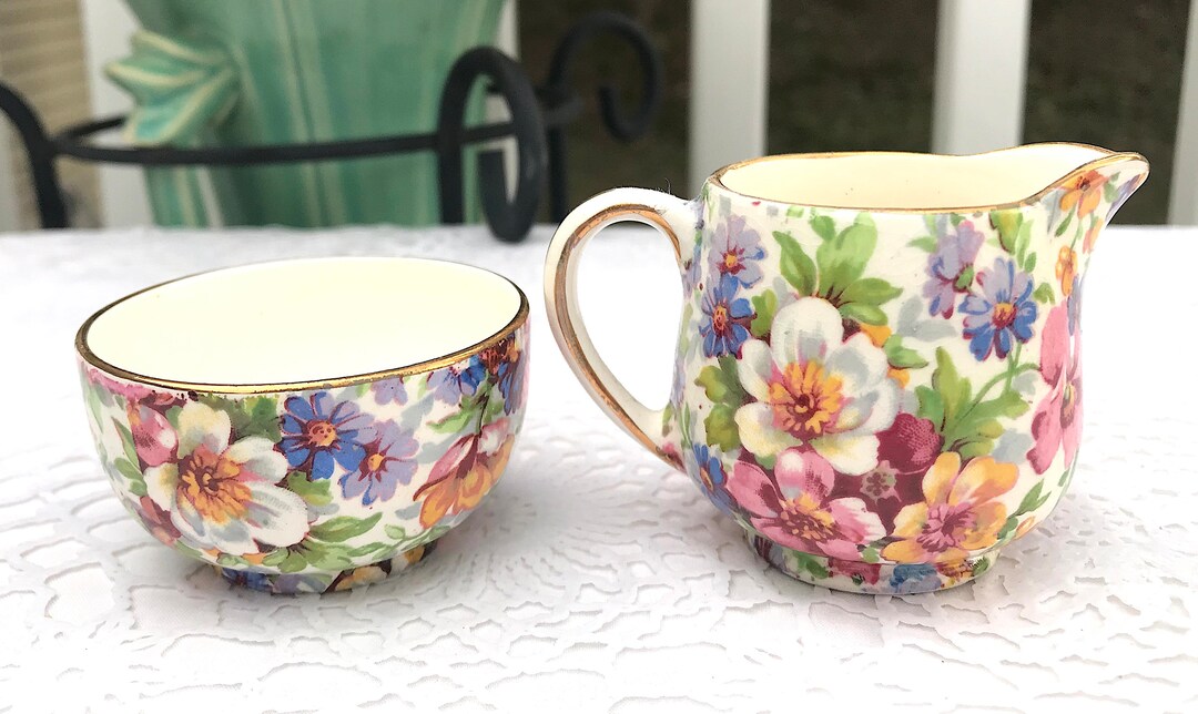 Old Foley Chintz Du Barry Individual Creamer and Sugar James Kent ...
