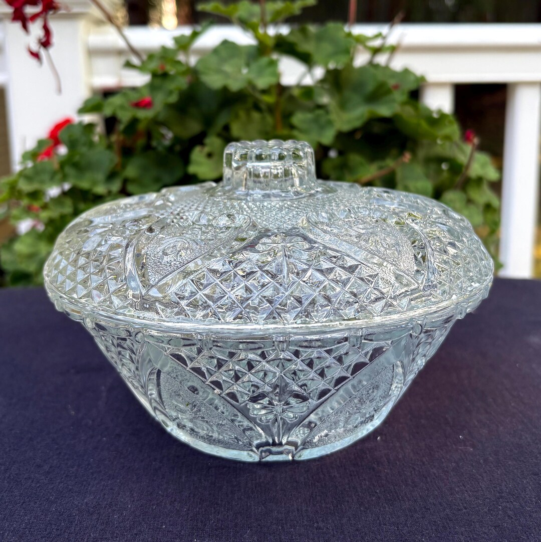 Clear Glass Candy Dish Bowl With Lid Embossed Hearts Flowers Diamonds ...