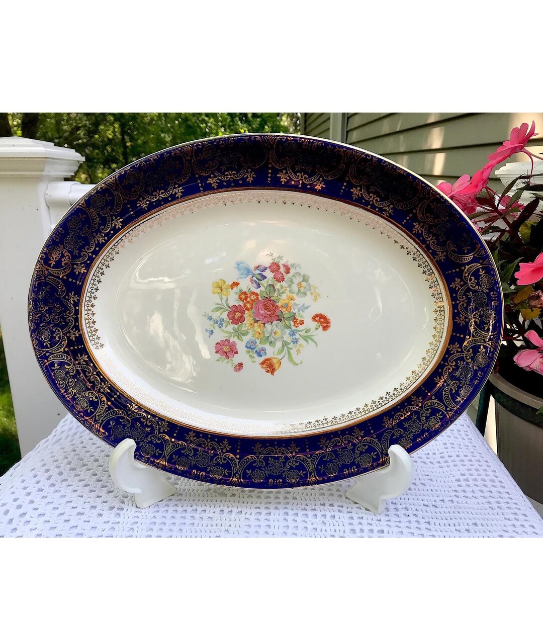 Steubenville 2032 Cobalt Blue Rim With Gold Floral Large Platter - Etsy