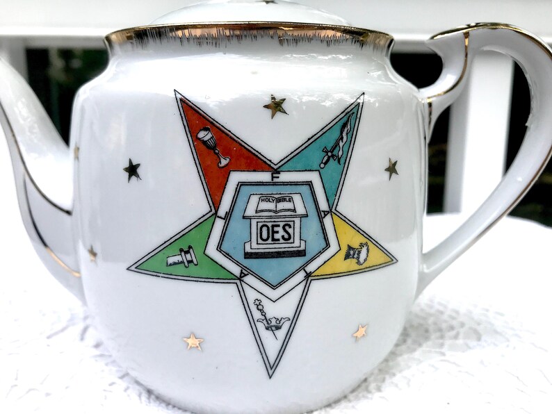 Lefton China Order of the Eastern Star Teapot Gold Trim Masons Masonic ...