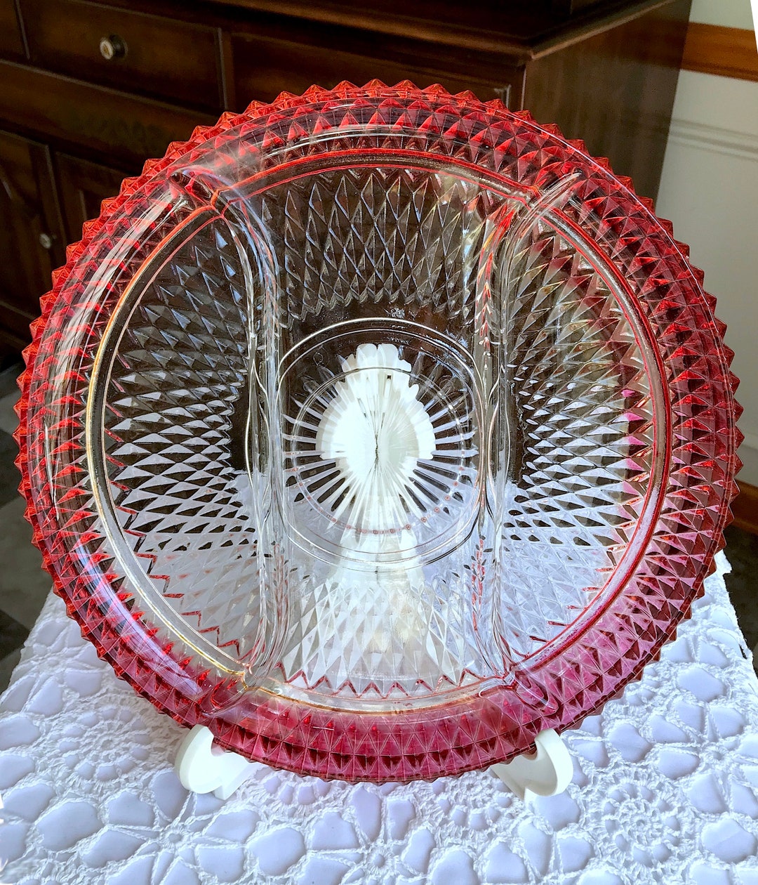 Diamond Point With Ruby Flash 3 Three Part Relish Tray Serving Platter ...