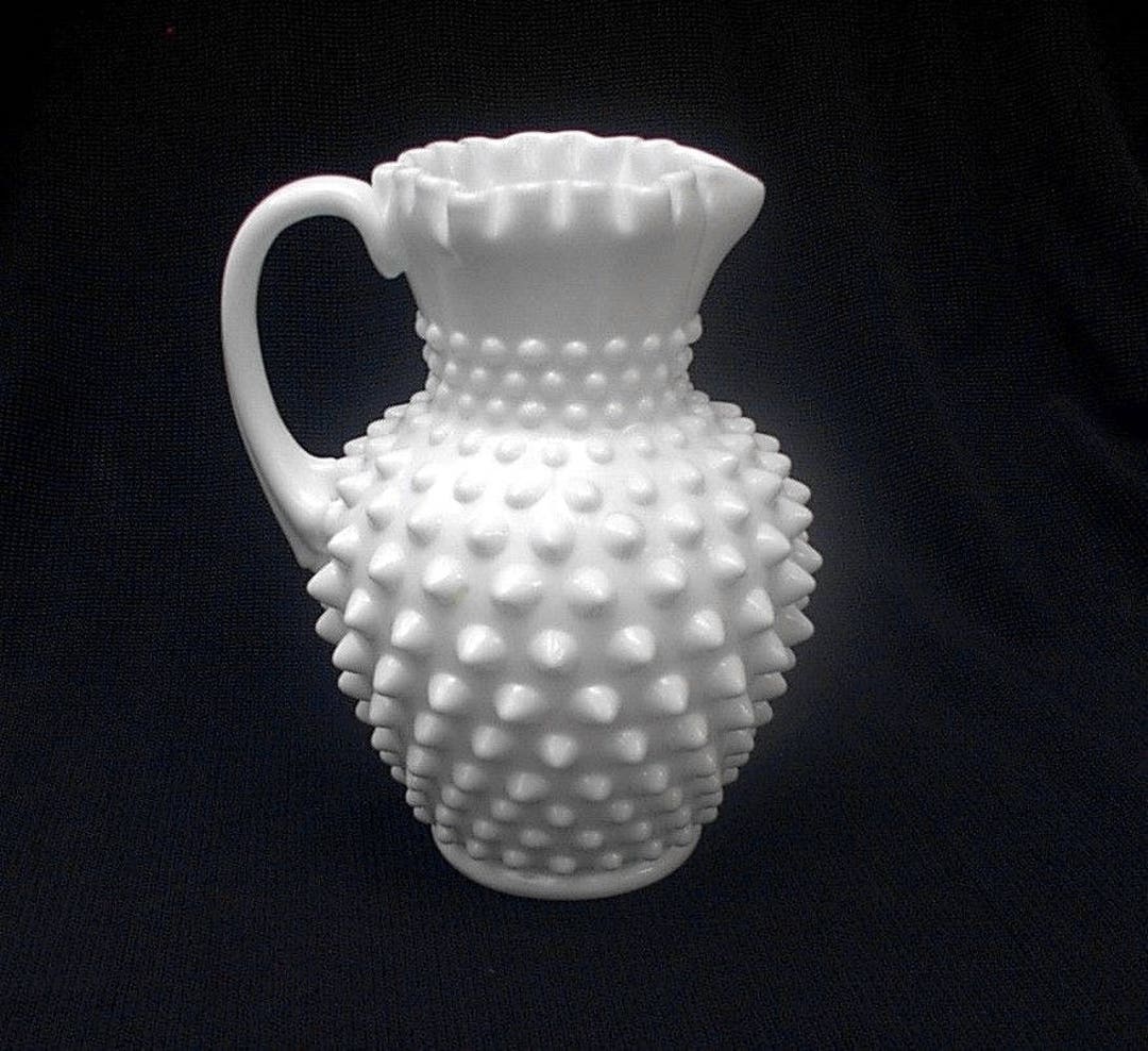 Fenton White Milk Glass Hobnail 3762 Jug Syrup Pitcher Ruffled Crimped ...