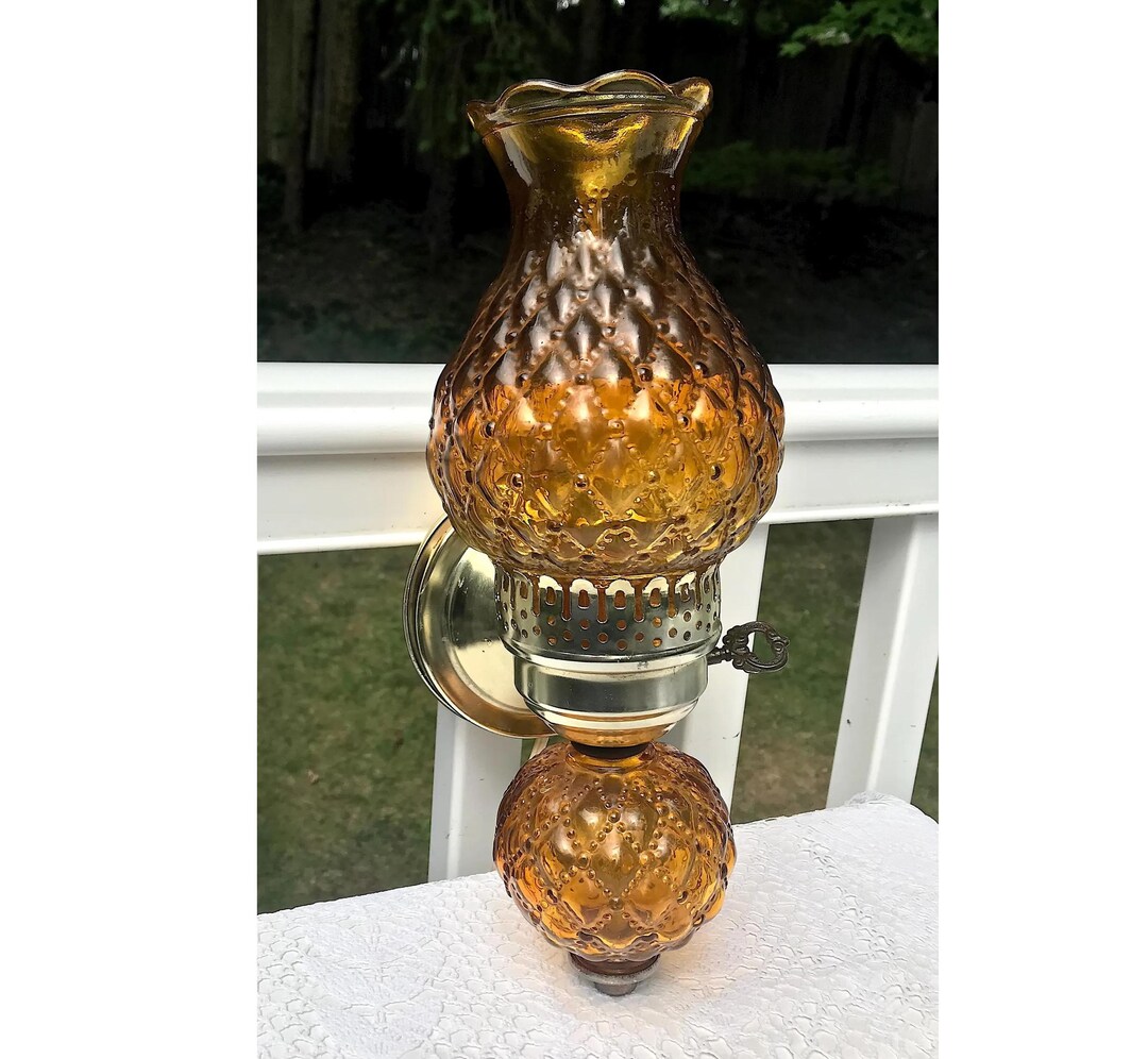 Vintage Quilted Amber Glass Brass Hurricane Lamp Wall Fixture - Etsy