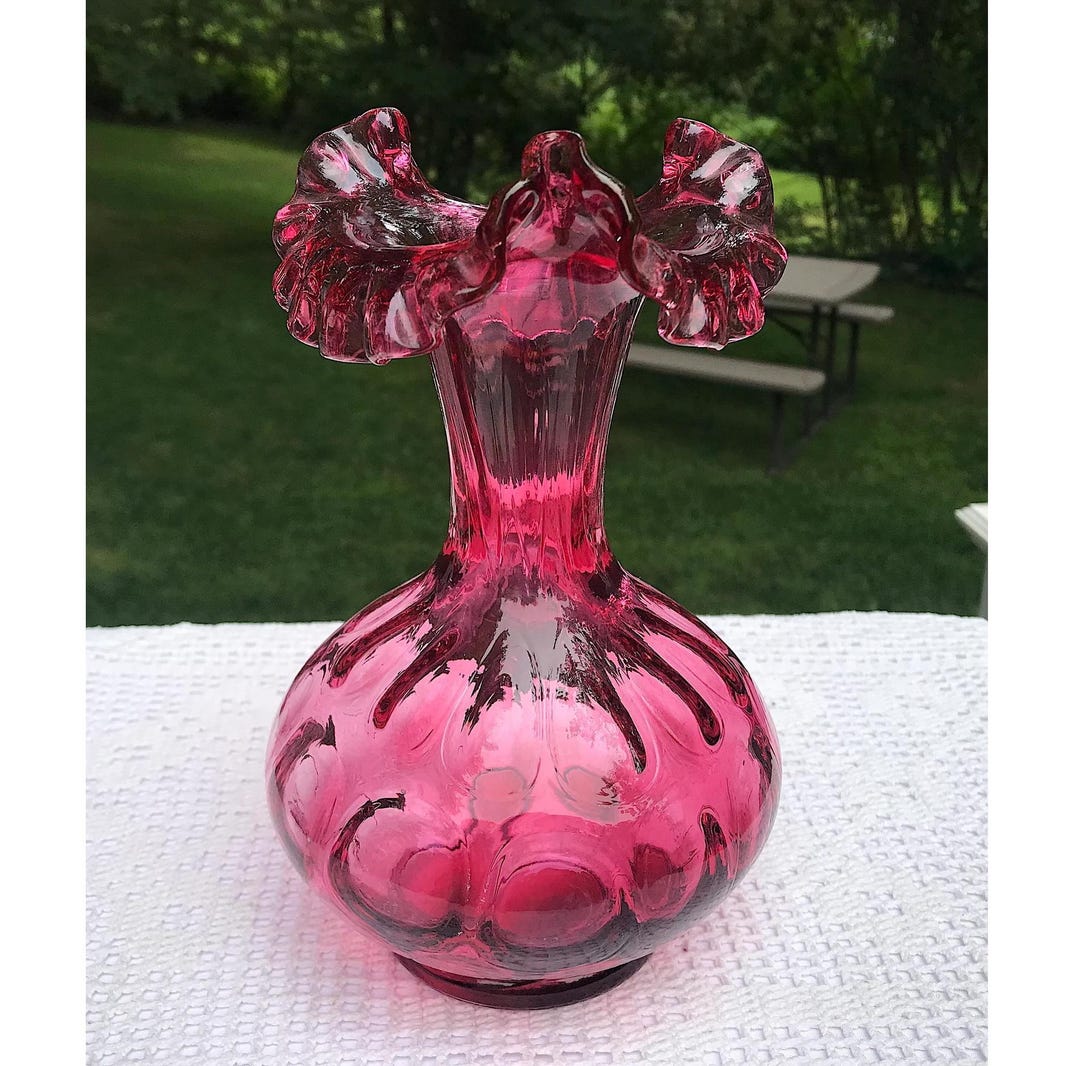 Fenton Art Glass Dot Optic Coin Spot Cranberry 8" Vase 192 Ruffled ...
