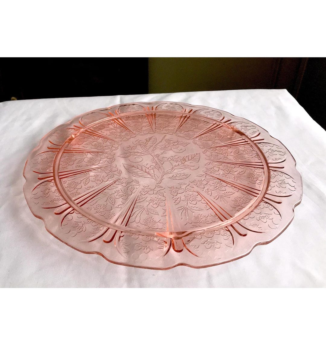 Cherry Blossom Pink Depression Glass Cake Stand Plate Jeannette Three ...