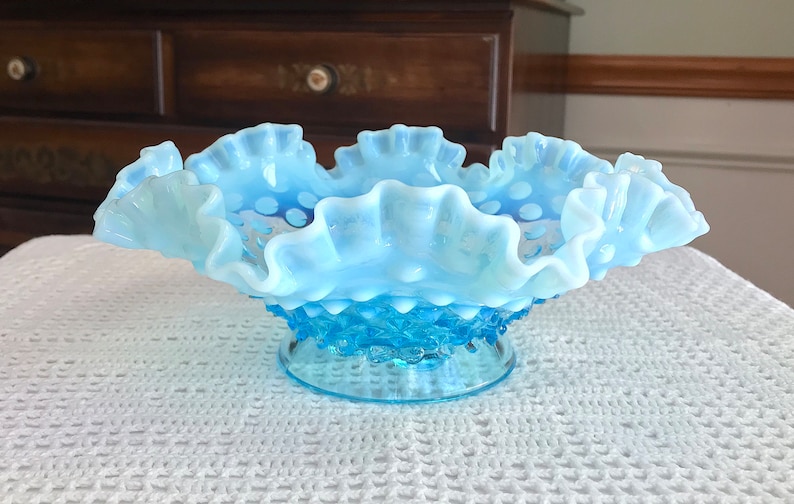 Fenton Art Glass Blue Opalescent Hobnail Epergne Candle Bowl Only NO ...