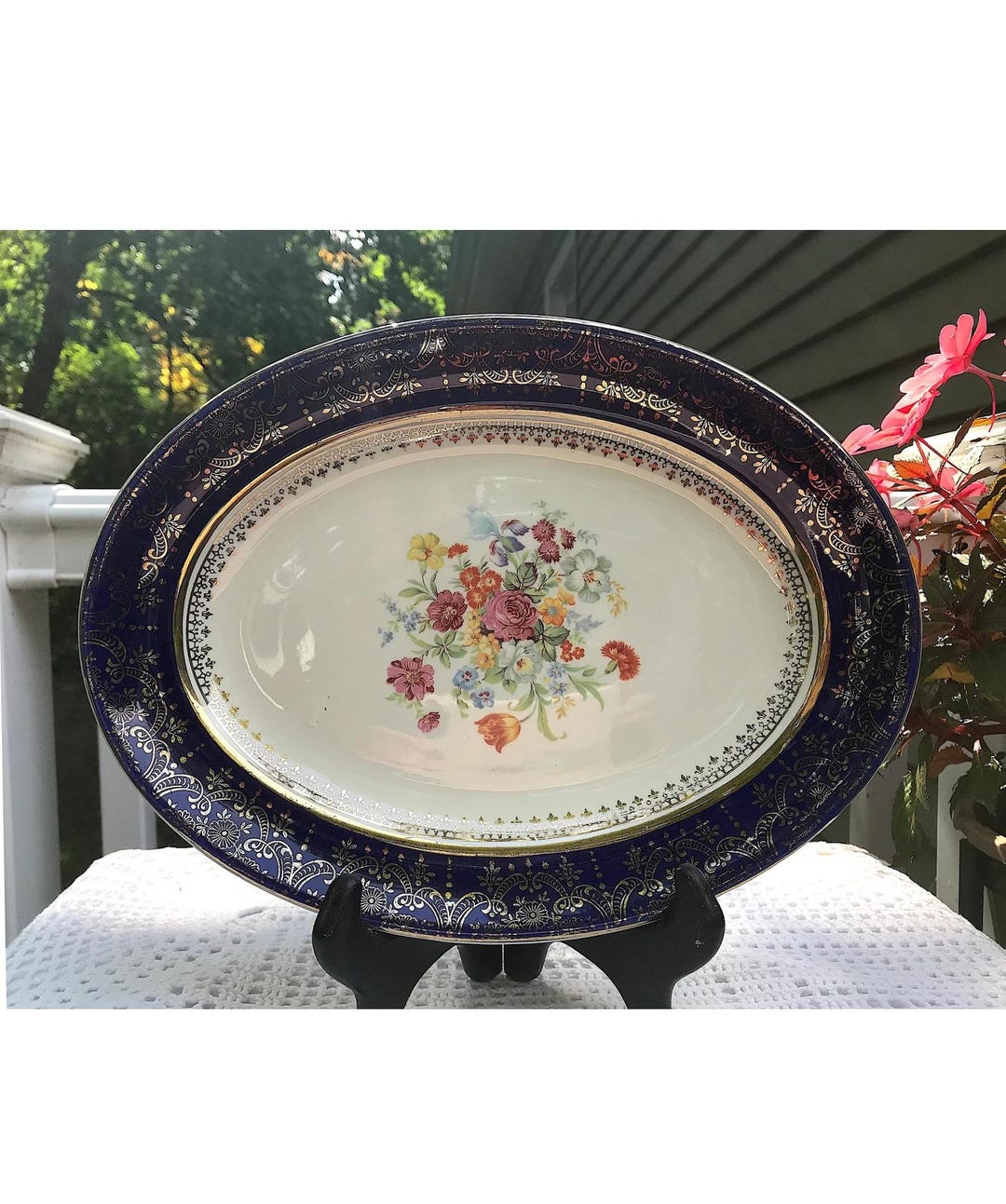 Steubenville 2032 Cobalt Rim With Gold Floral Platter - Etsy