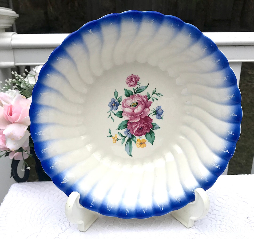 Homer Laughlin Blue Rim Shell 9" Salad Bowl Fruit Flowers - Etsy