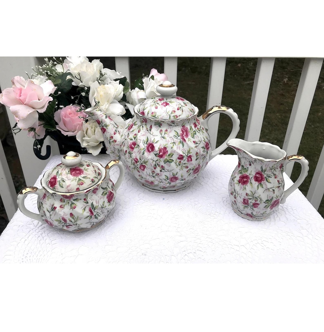Lefton Rose Chintz Teapot Creamer and Sugar Set Gold Trim - Etsy