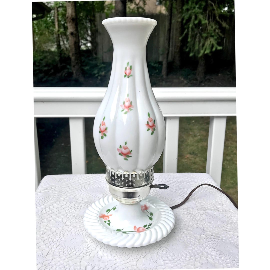 Vintage Milk Glass Night Hurricane Electric Lamp Roses Hand Painted - Etsy