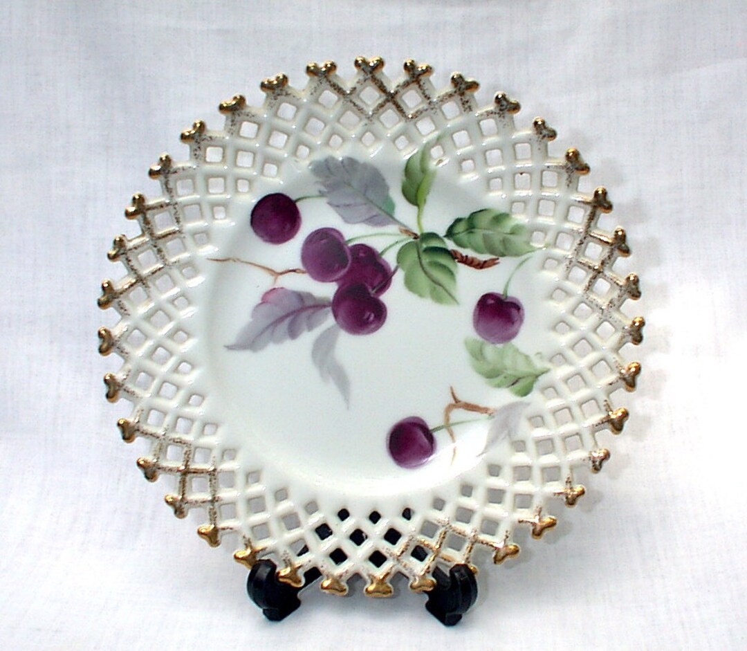 Vintage Lefton Wall Display Plate Cherries Maroon Pierced Lattice Edge ...