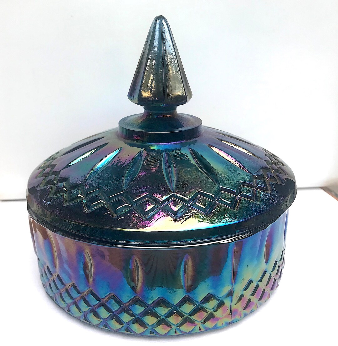 Princess Blue Iridescent Carnival Candy Dish With Lid Indiana Glass - Etsy