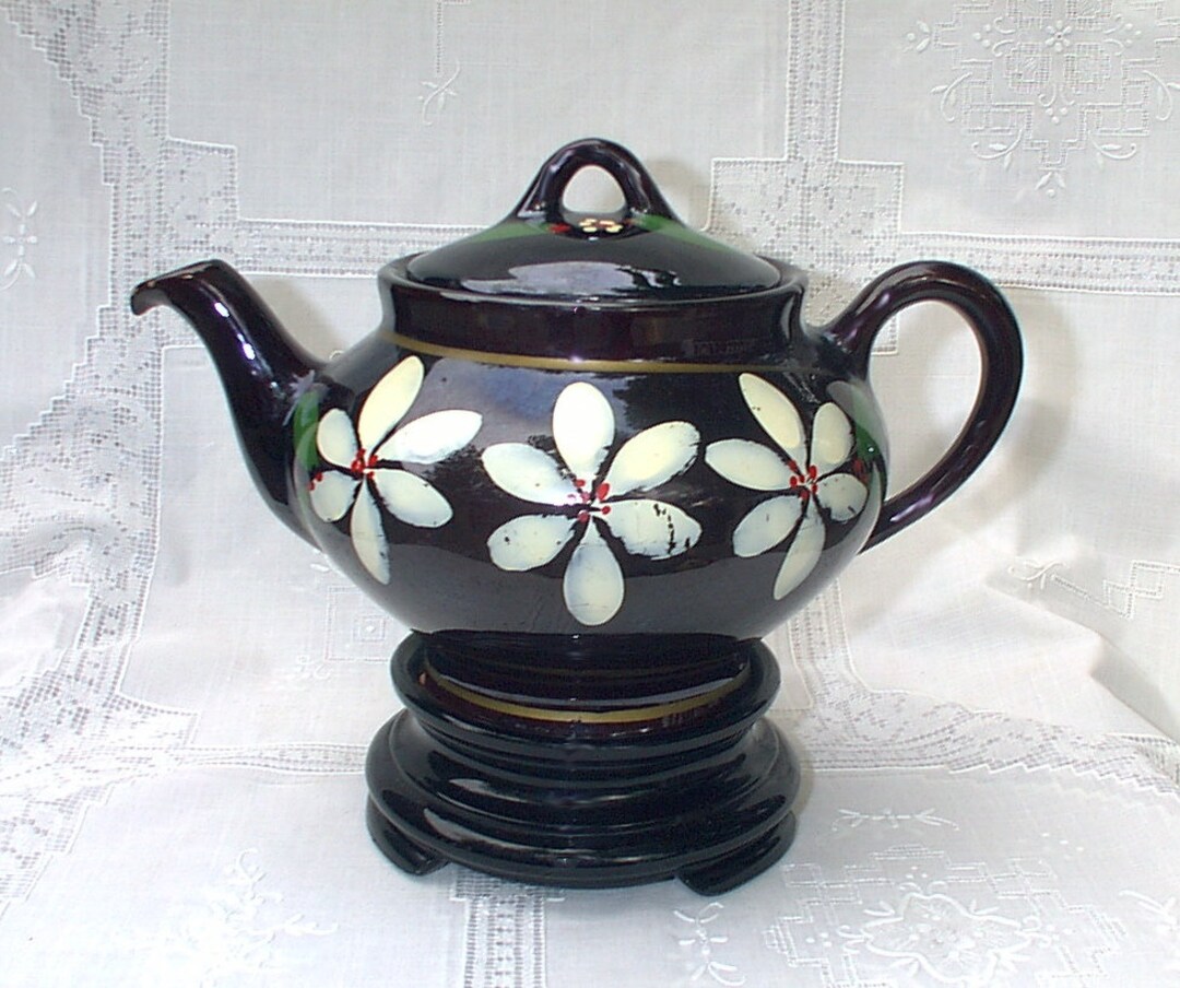 Royal Canadian Art Pottery Teapot and Hot Plate Stand Black White ...