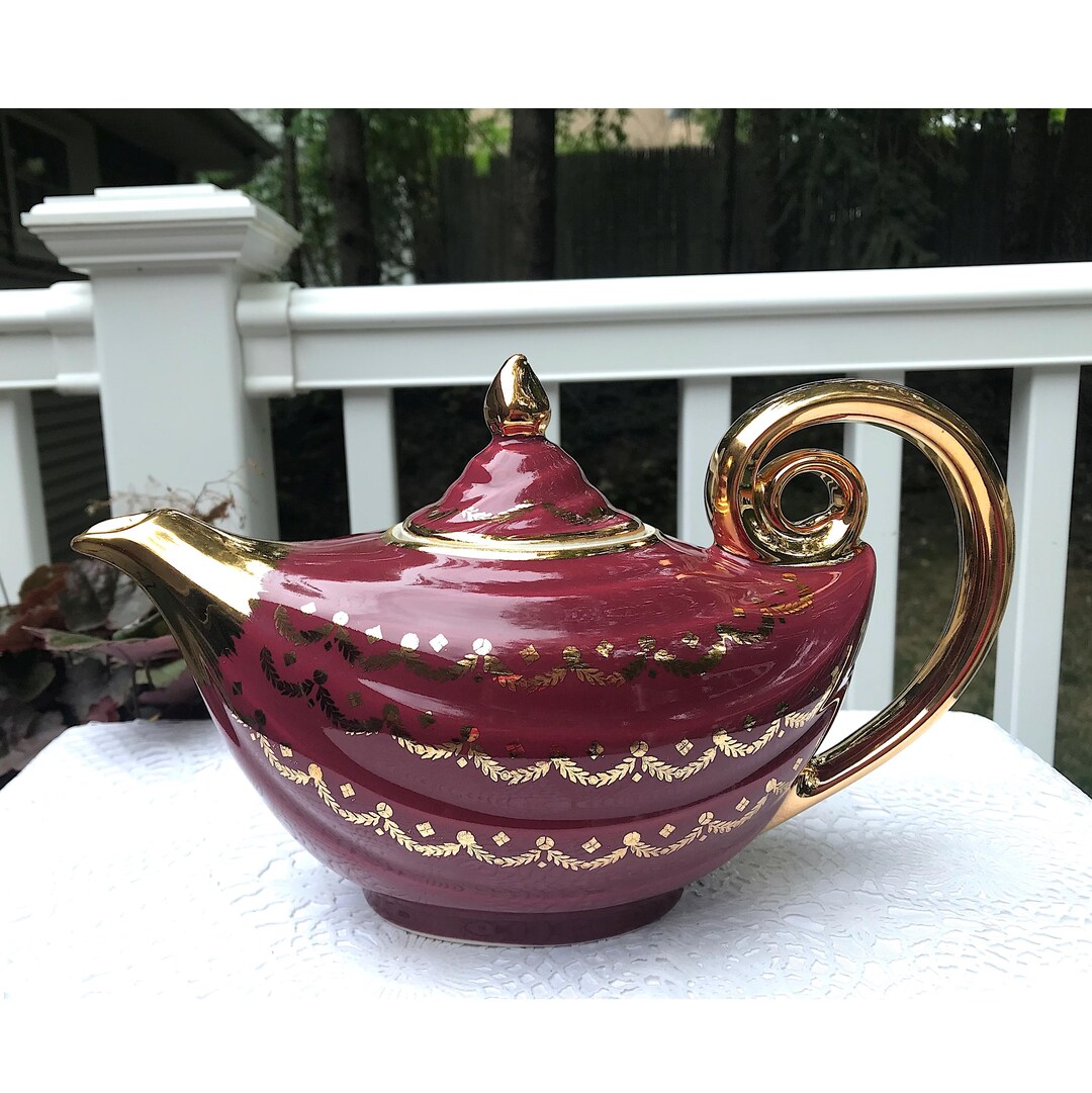 Hall Pottery Maroon Aladdin Teapot Gold Trim 6 Cup - Etsy