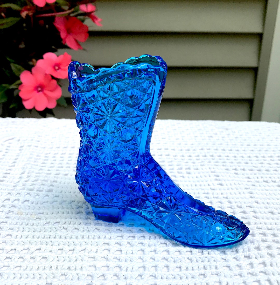 Fenton Art Glass Blue Tall Boot Shoe Daisy and Button - Etsy