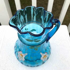 Vintage Victorian Hand Painted Blue Glass Pitcher Flowers Leaves - Etsy