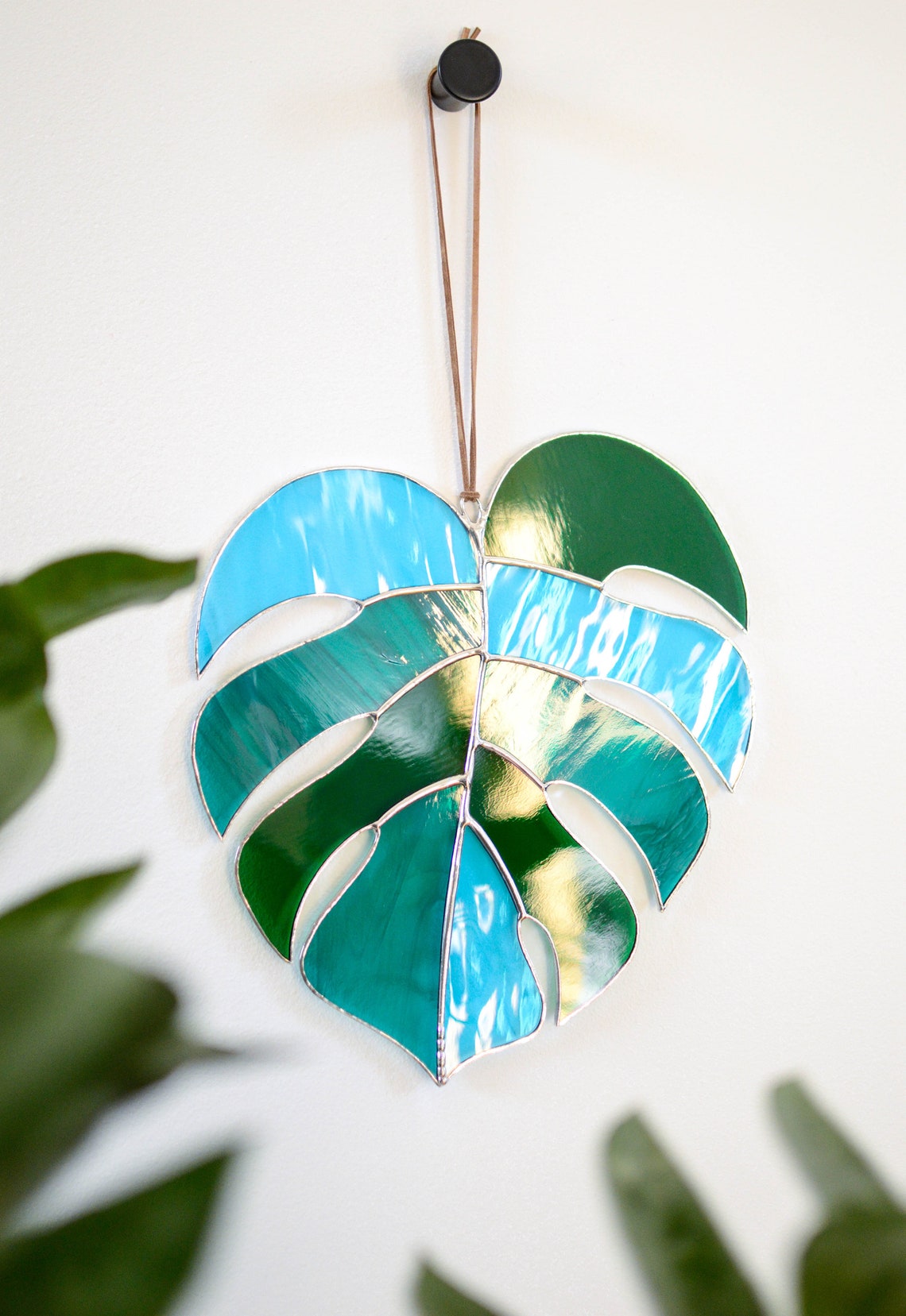 Blue & Green Stained Glass Monstera Deliciosa Leaf Stained - Etsy