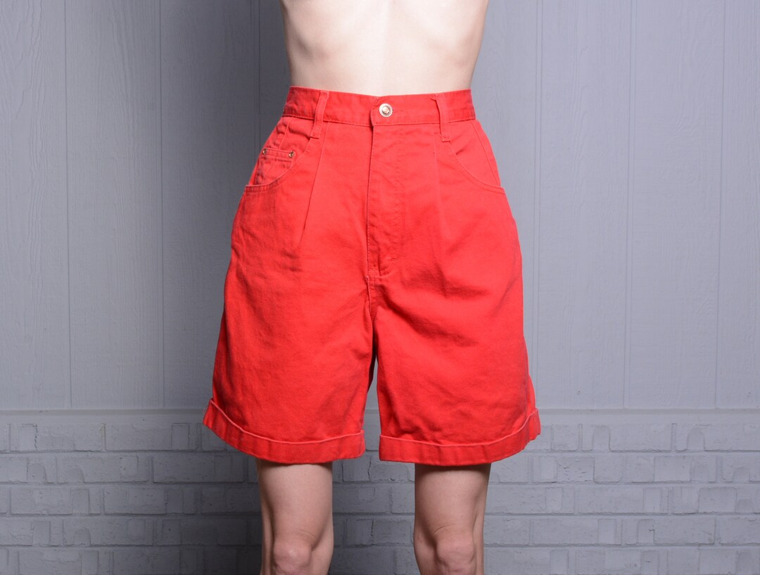 Vintage 90s Red Denim Shorts High Waist Baggy Cuffed 1990 Gloria ...