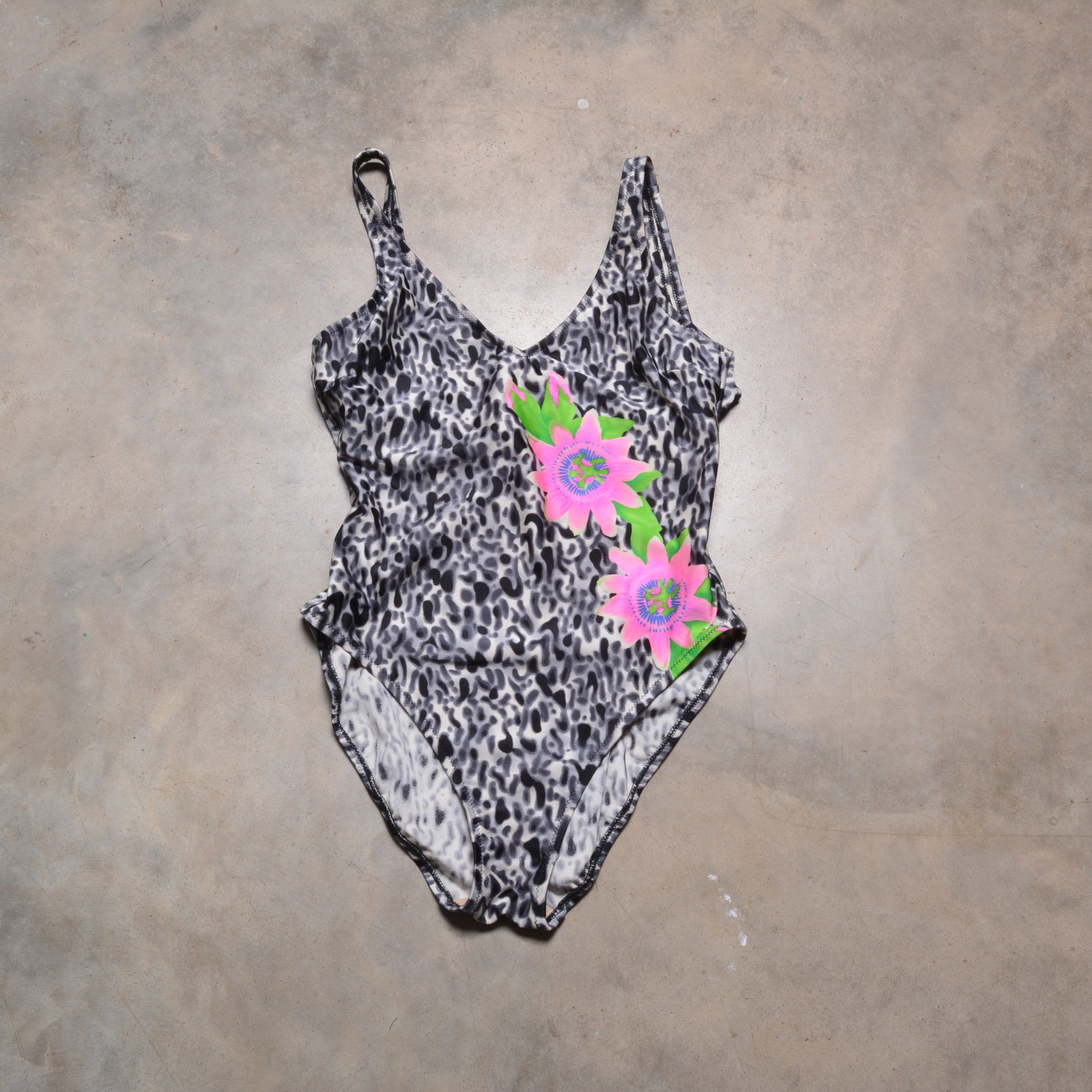 Vintage 80s Bathing Suit Neon Flower Black White Animal Print 1980 ...